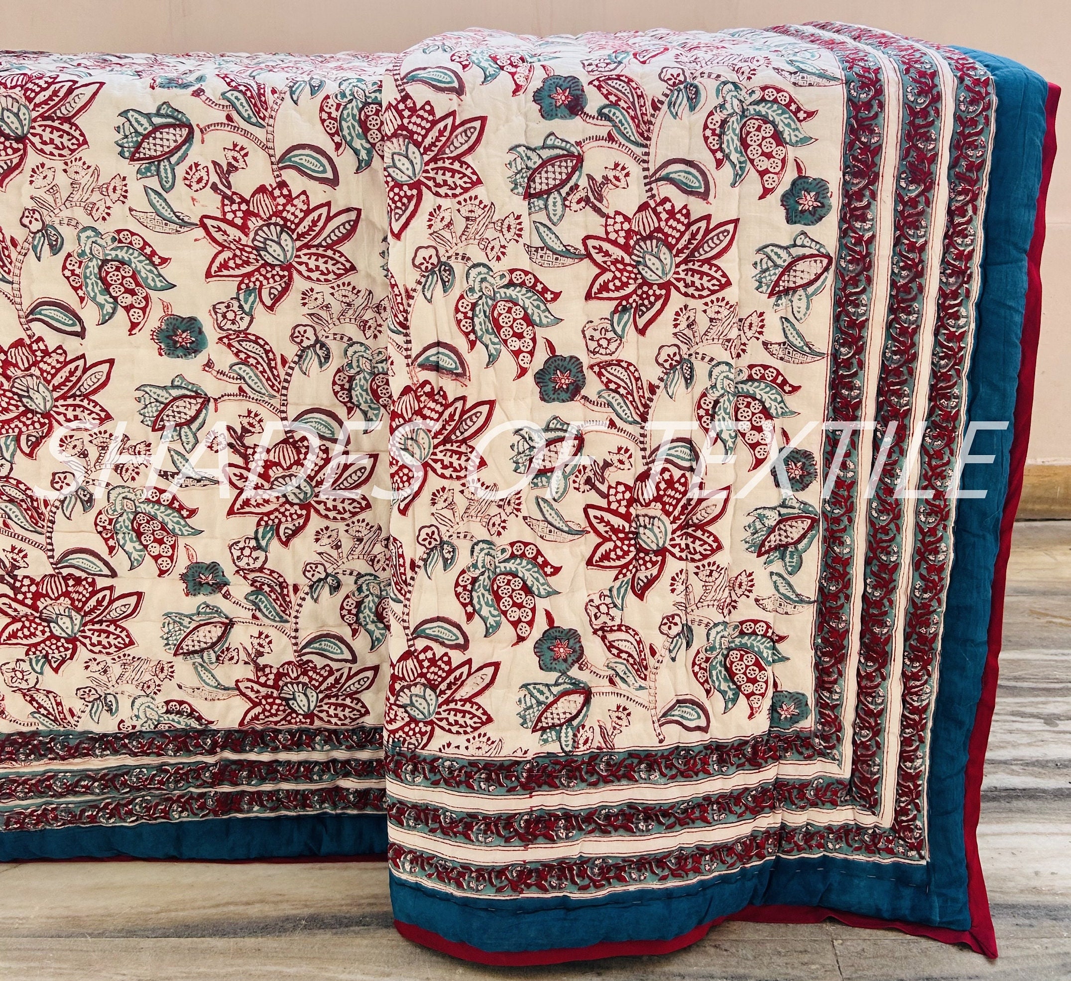 Hand Block Print Handmade Queen Floral Cotton Quilted Quilt Cotton ...