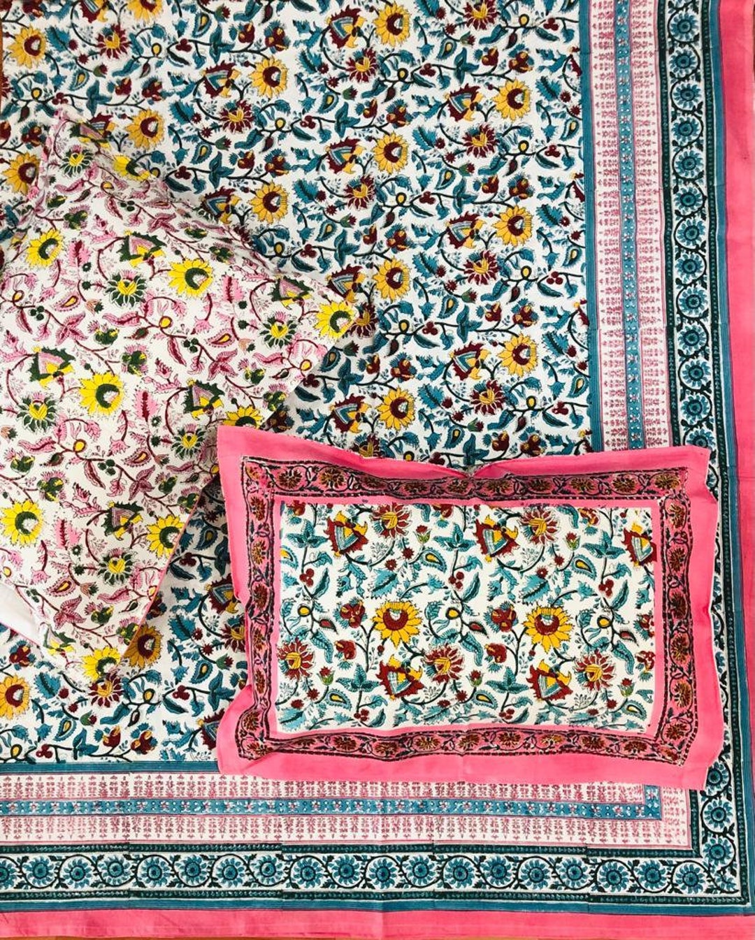 3 Piece Cotton Hand Block Print Bed-sheet Set 90x108/vintage Floral ...