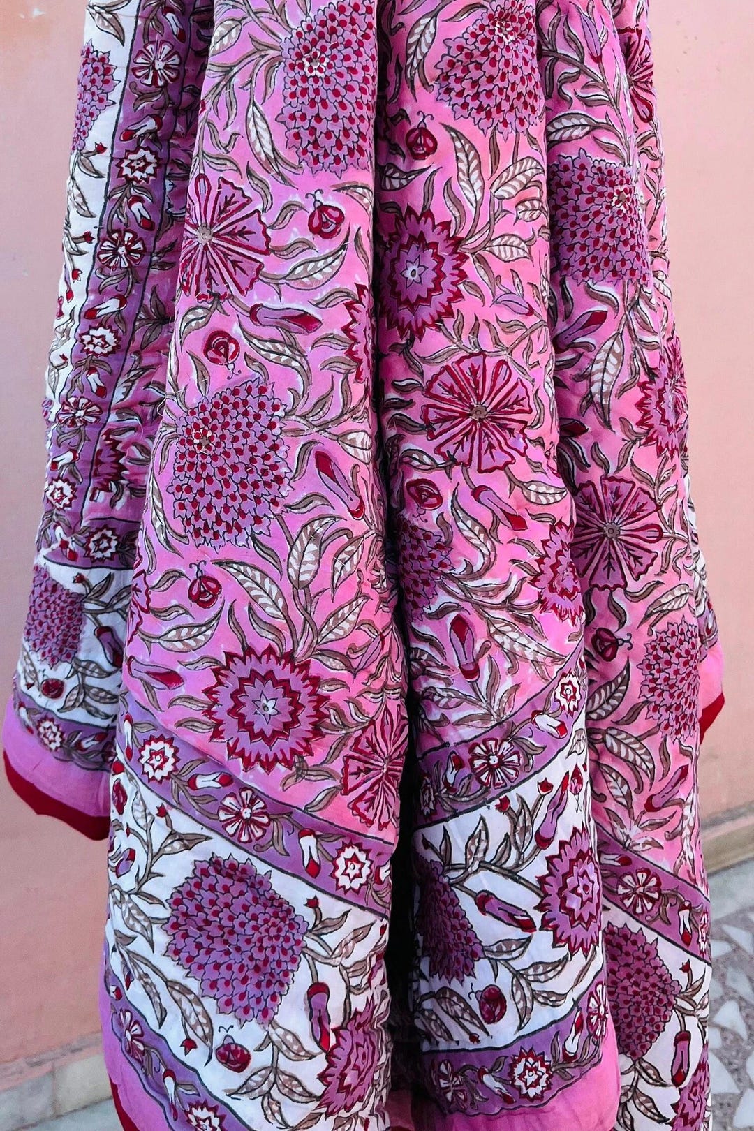 Pink Floral Indian Quilt, Handmade Cotton Quilt, Vintage Reversible ...