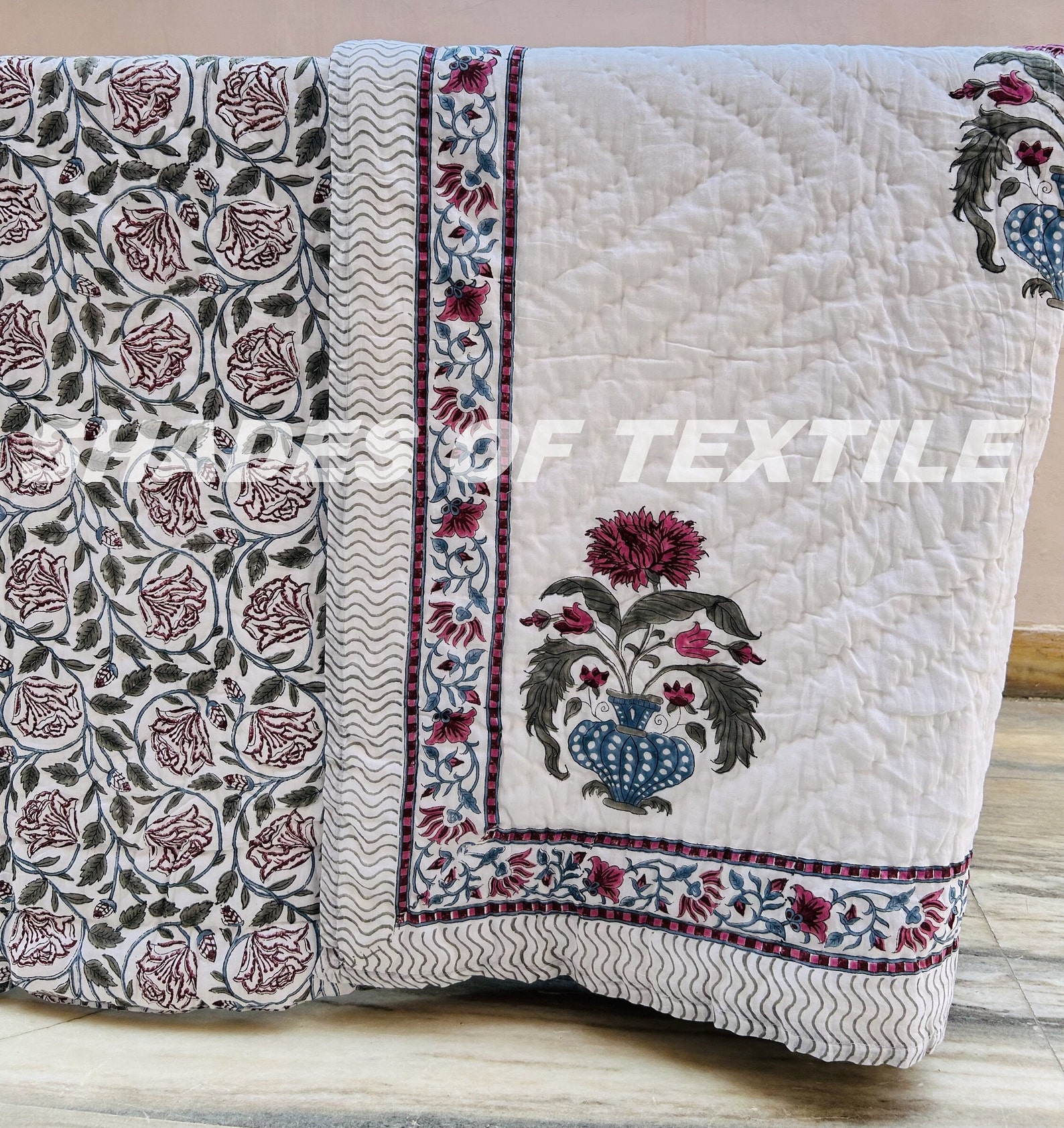 Indian Cotton Quilt, Floral Queen Quilt, Handmade Bohemian Bedding ...