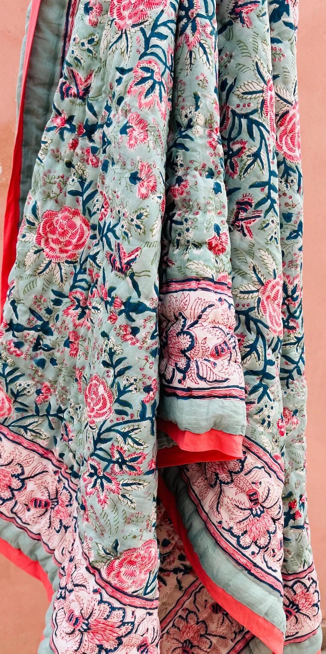 Handmade Floral Block Print Cotton Quilt: Reversible Indian Razai - Etsy