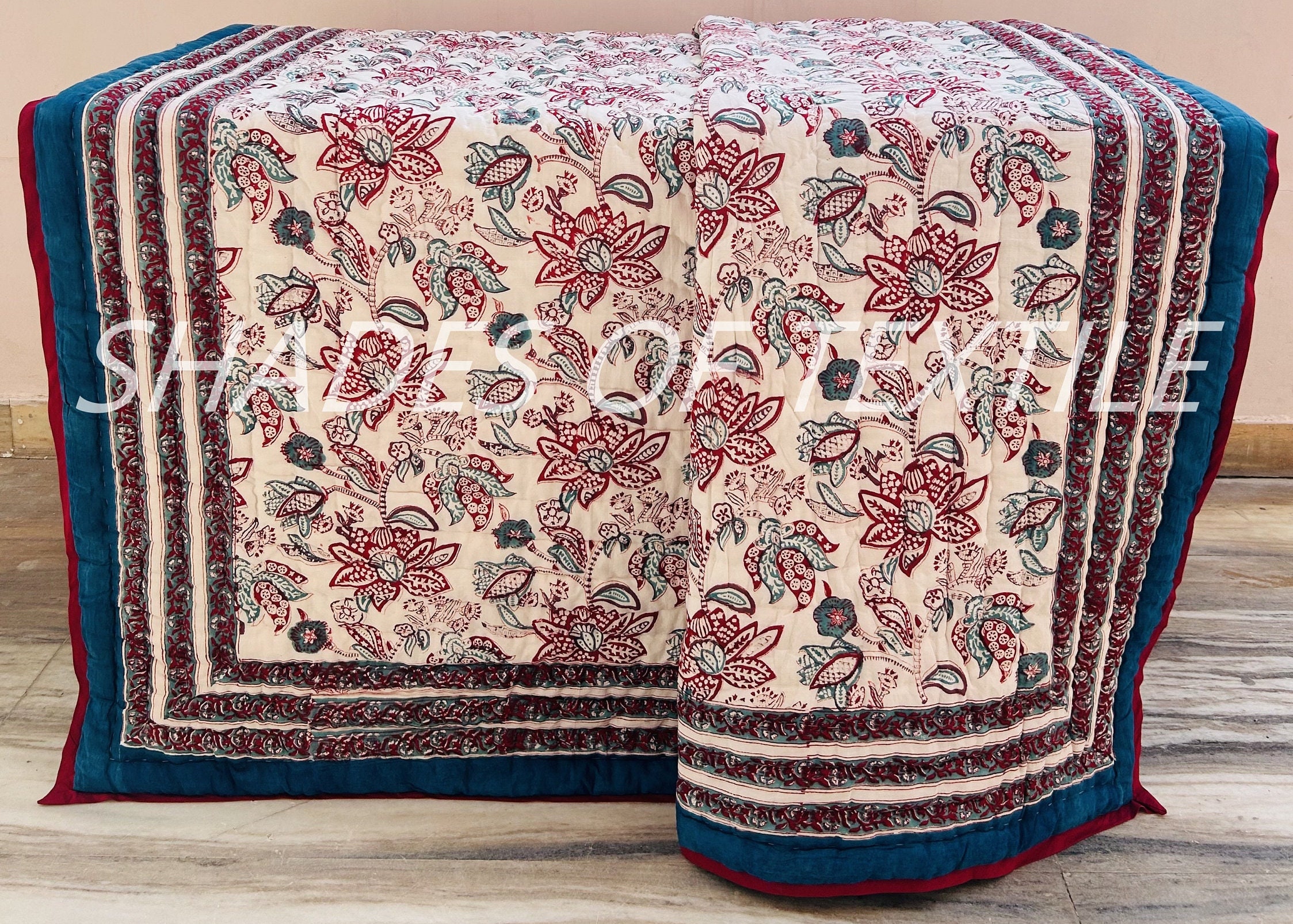 Hand Block Print Handmade Queen Floral Cotton Quilted Quilt Cotton ...