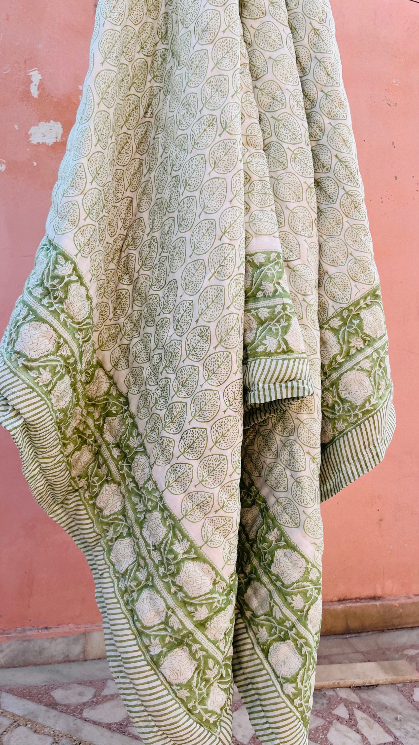 Green Beautiful Hand Block Print Quilt Floral Quilt, Soft Quality Quilt ...