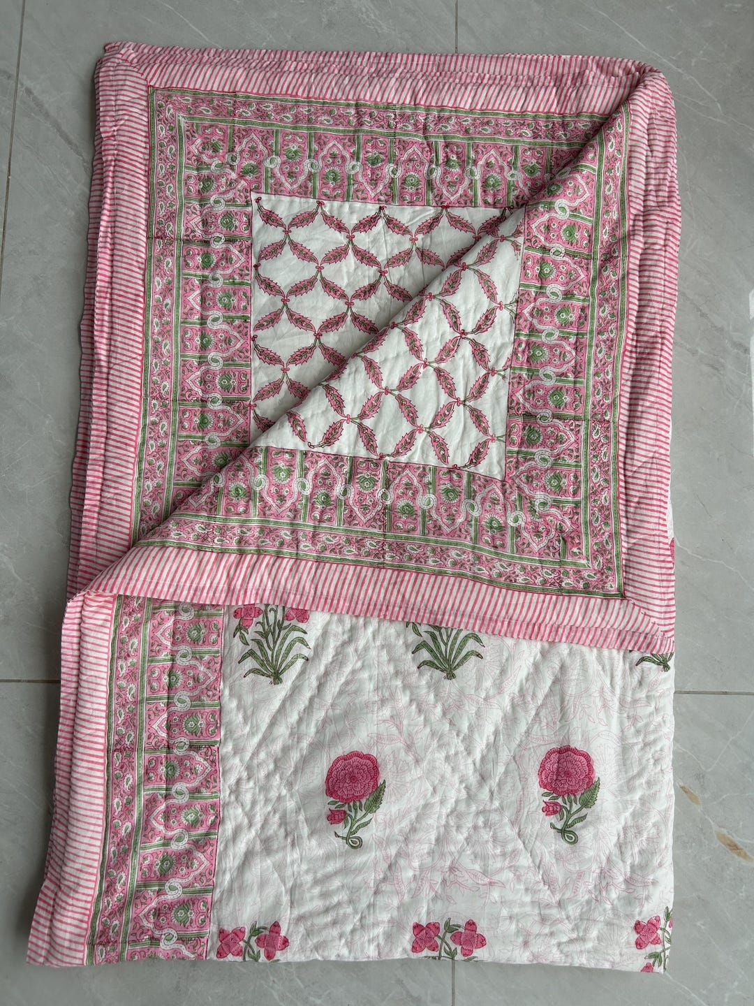 Anokhi Block Printed Indian Queen Bed Quilt, Reversible Decor Floral ...