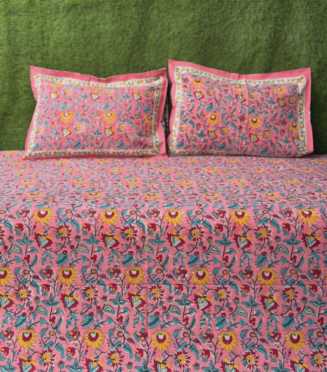 Block Printed Floral Pattern Boho Sheet Set, Indian Queen Size Cotton ...