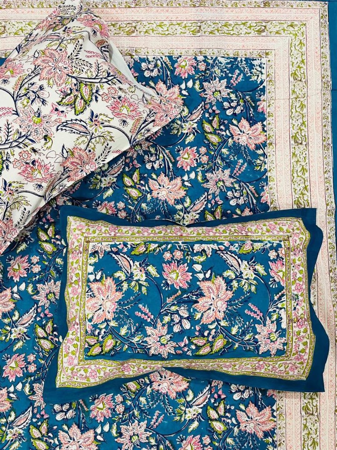 3 Piece Cotton Hand Block Print Bed-sheet Set 90x108/blue Floral Boho ...