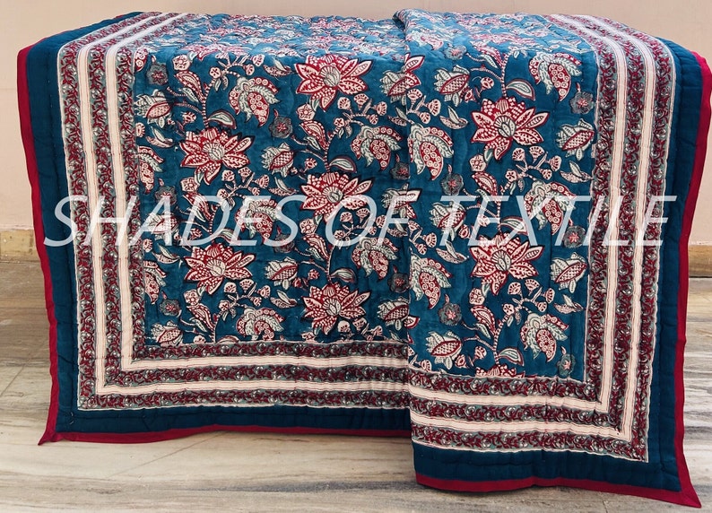 Hand Block Print Handmade Queen Floral Cotton Quilted Quilt Cotton ...