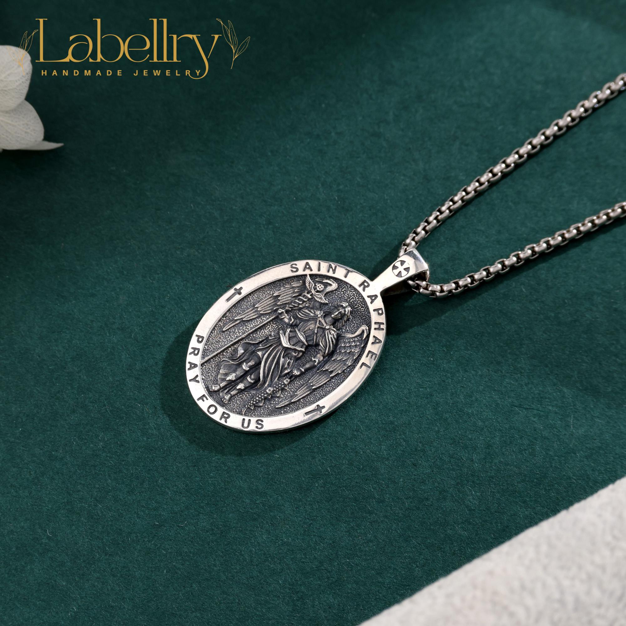 925 Sterling Silver Saint Raphael Necklace, Guardian Angel Medal ...