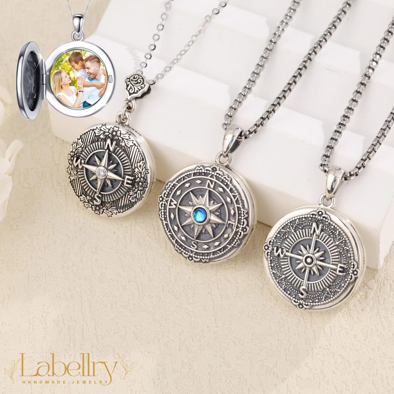 Sterling Silver Compass Photo Locket Necklace, Personalized Locket ...