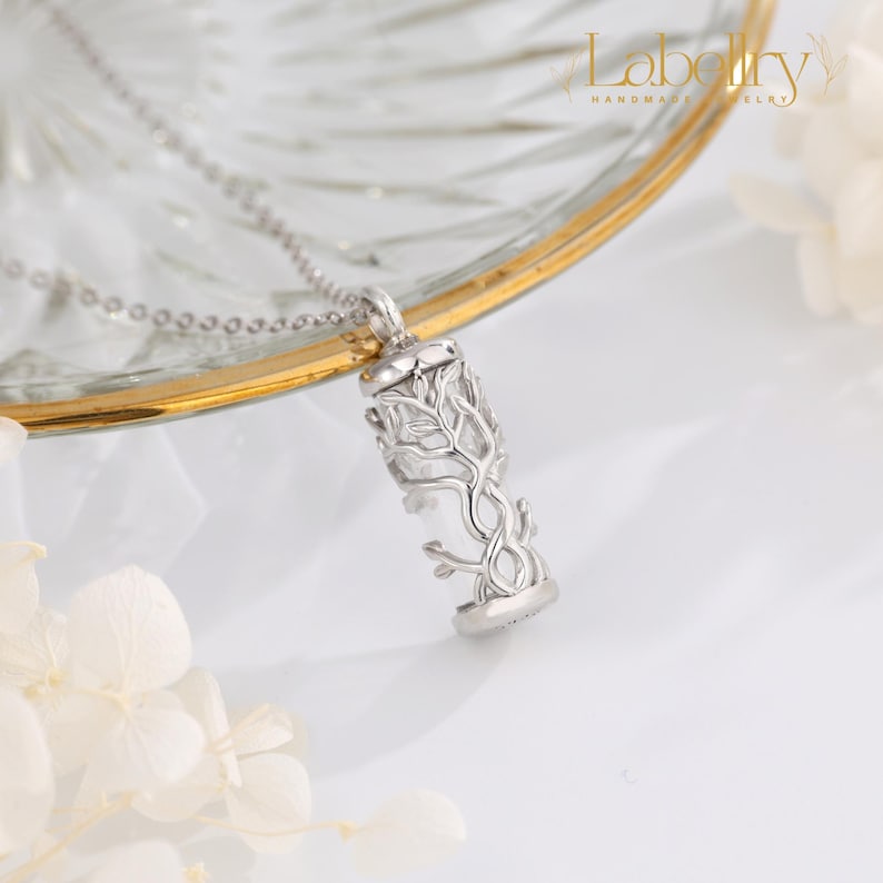 Sterling Silver Cremation Urn Necklace, Tree of Life Glass Vial Pendant ...
