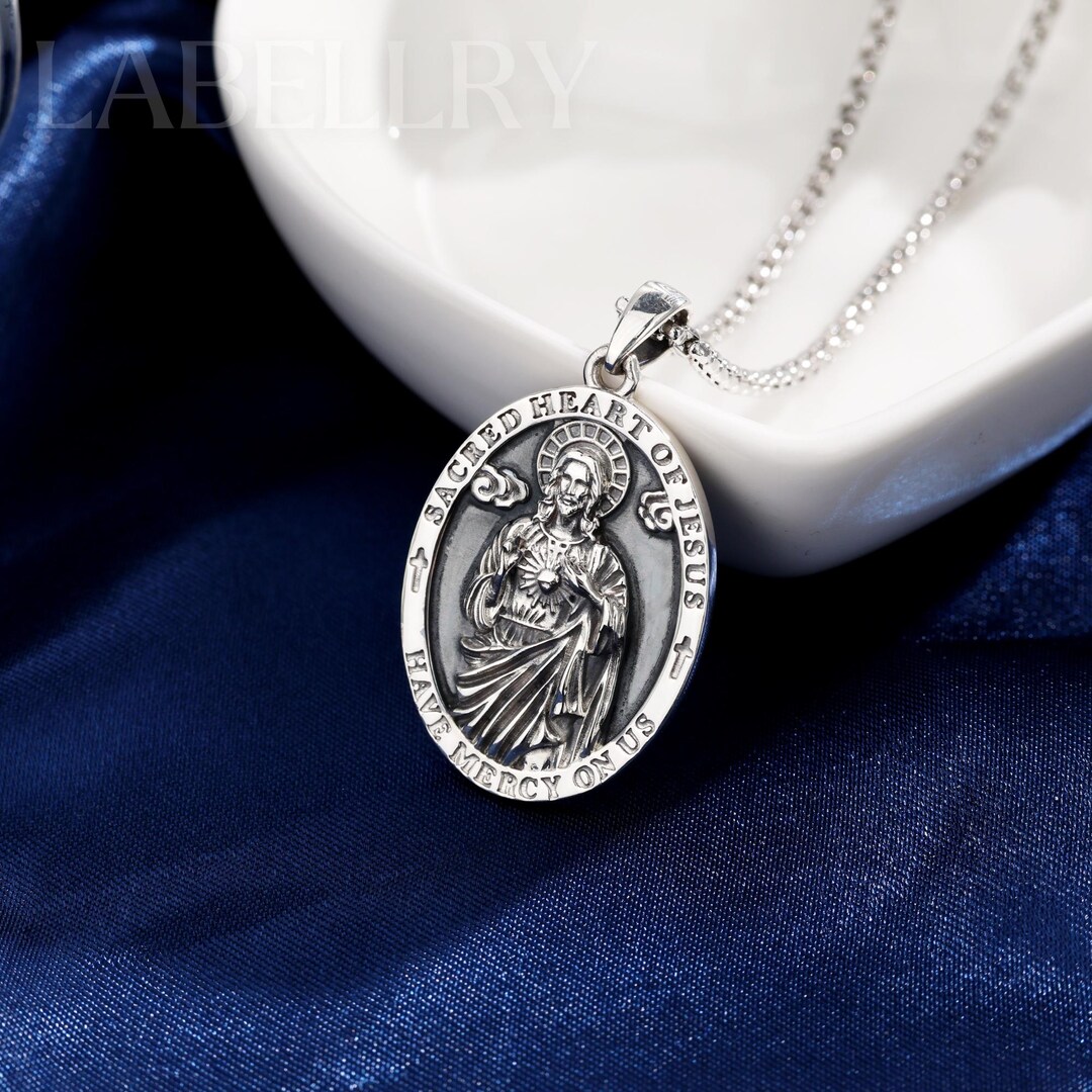 Sacred Heart Jesus Necklace, Sterling Silver Handmade Flaming Heart ...