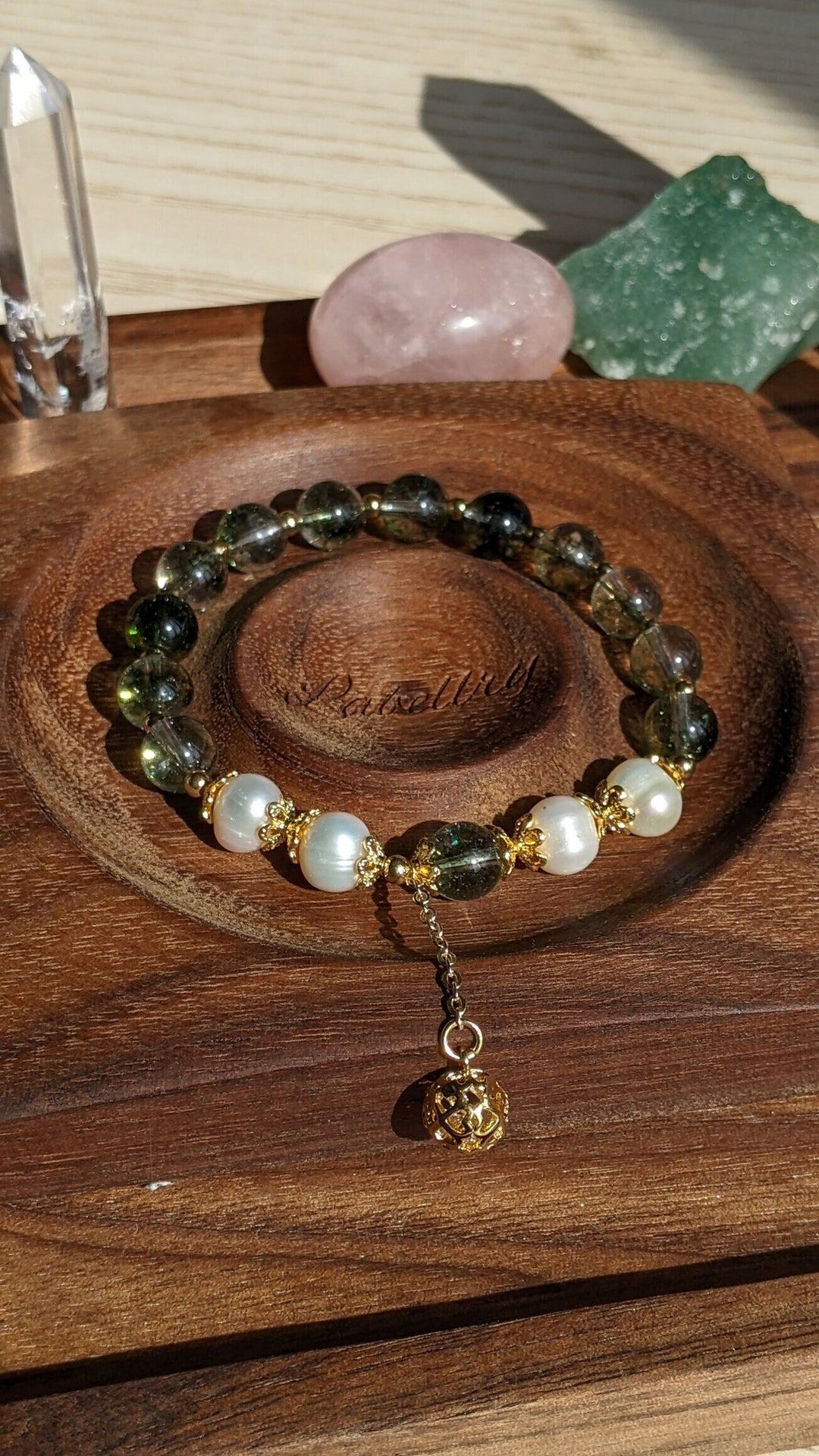 Stunning Jade Quartz Bracelet, Green Phantom Quartz With Pearl Beads ...