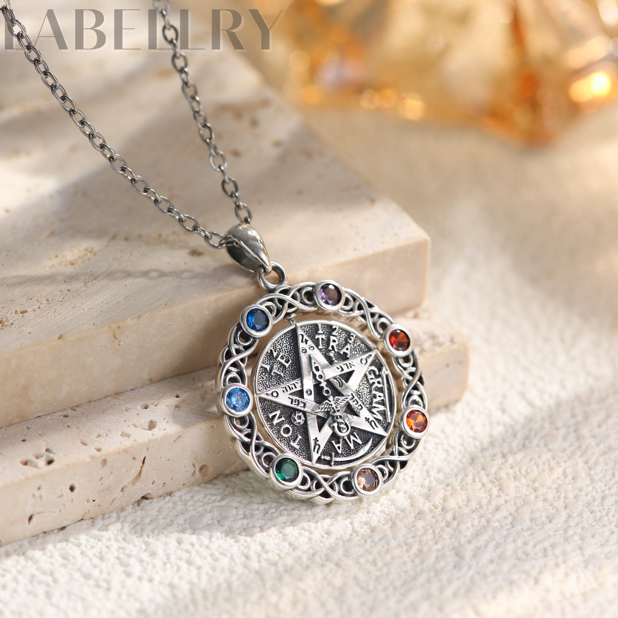Tetragrammaton Pentagram Rotating Pendant, 925 Silver Pentacle Necklace ...