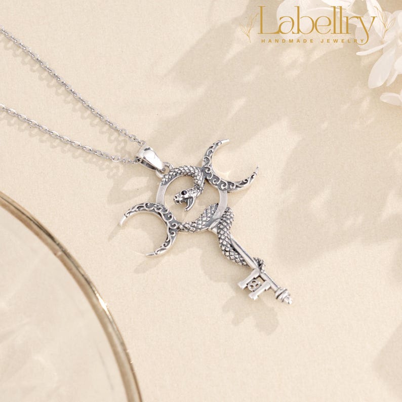 925 Sterling Silver Hecate Key Necklace, Wicca Triple Moon Snake ...