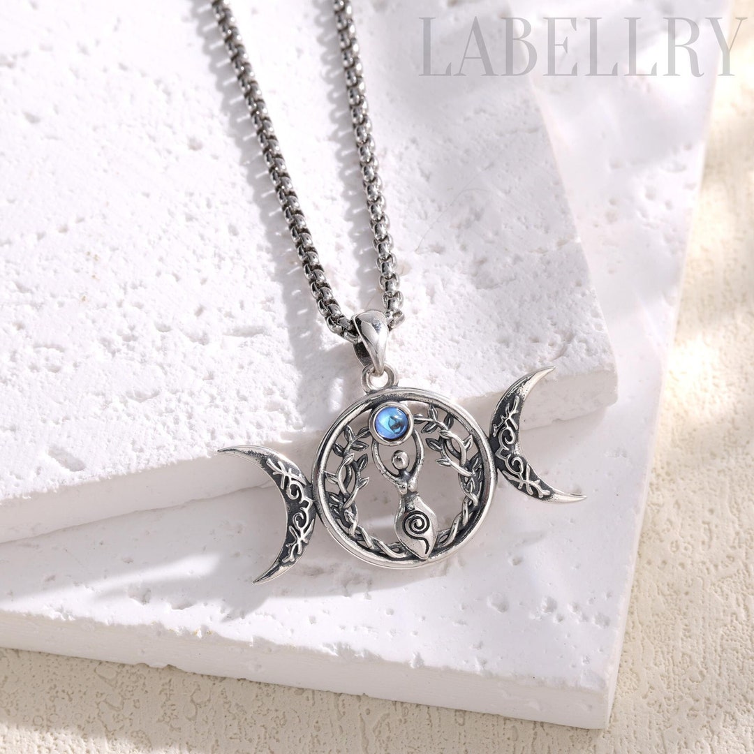 Sterling Silver Hecate Triple Moon Goddess Necklace, Moonstone Tree of ...