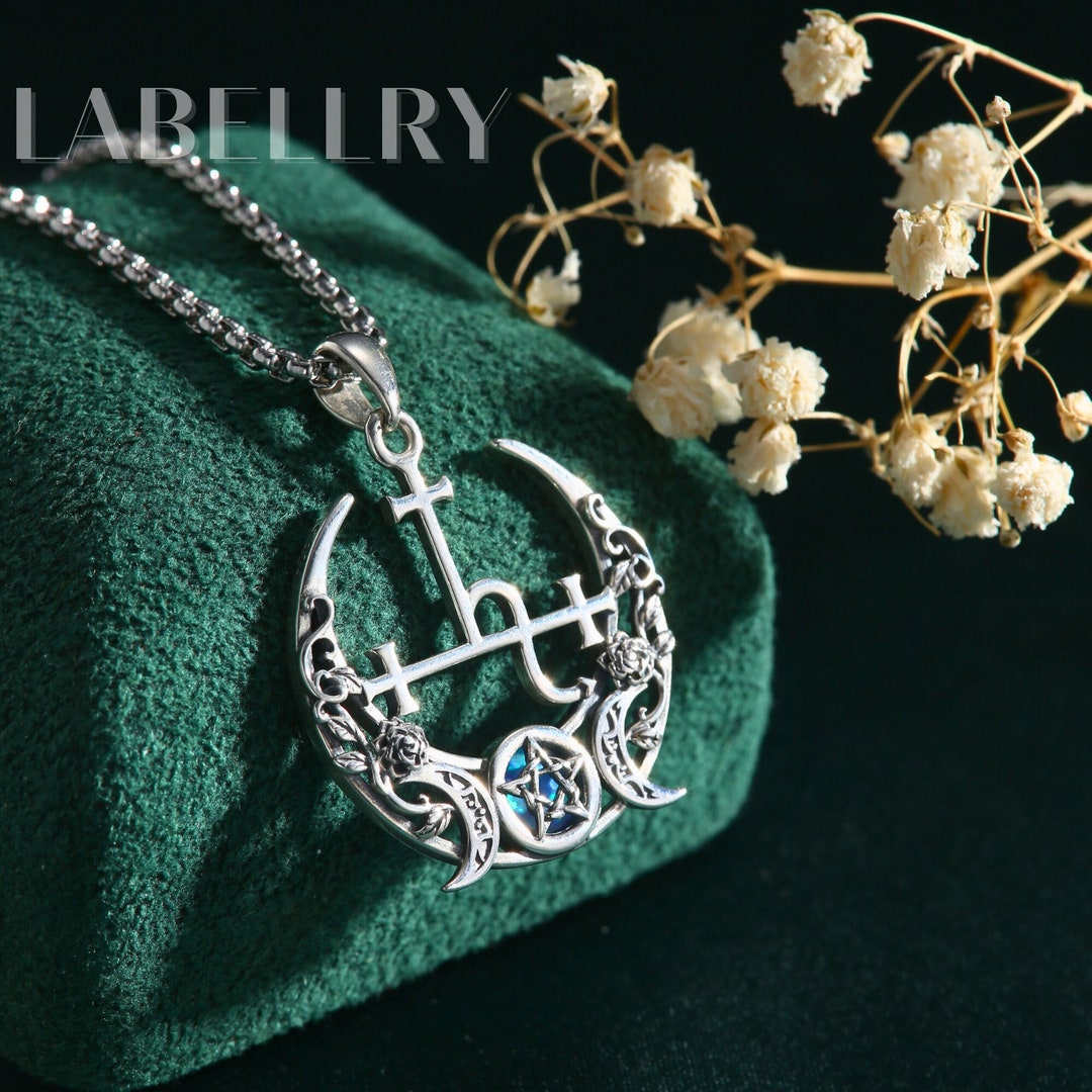 Sterling Silver Sigil of Lilith Necklace With Blue Opal, Wicca Triple ...