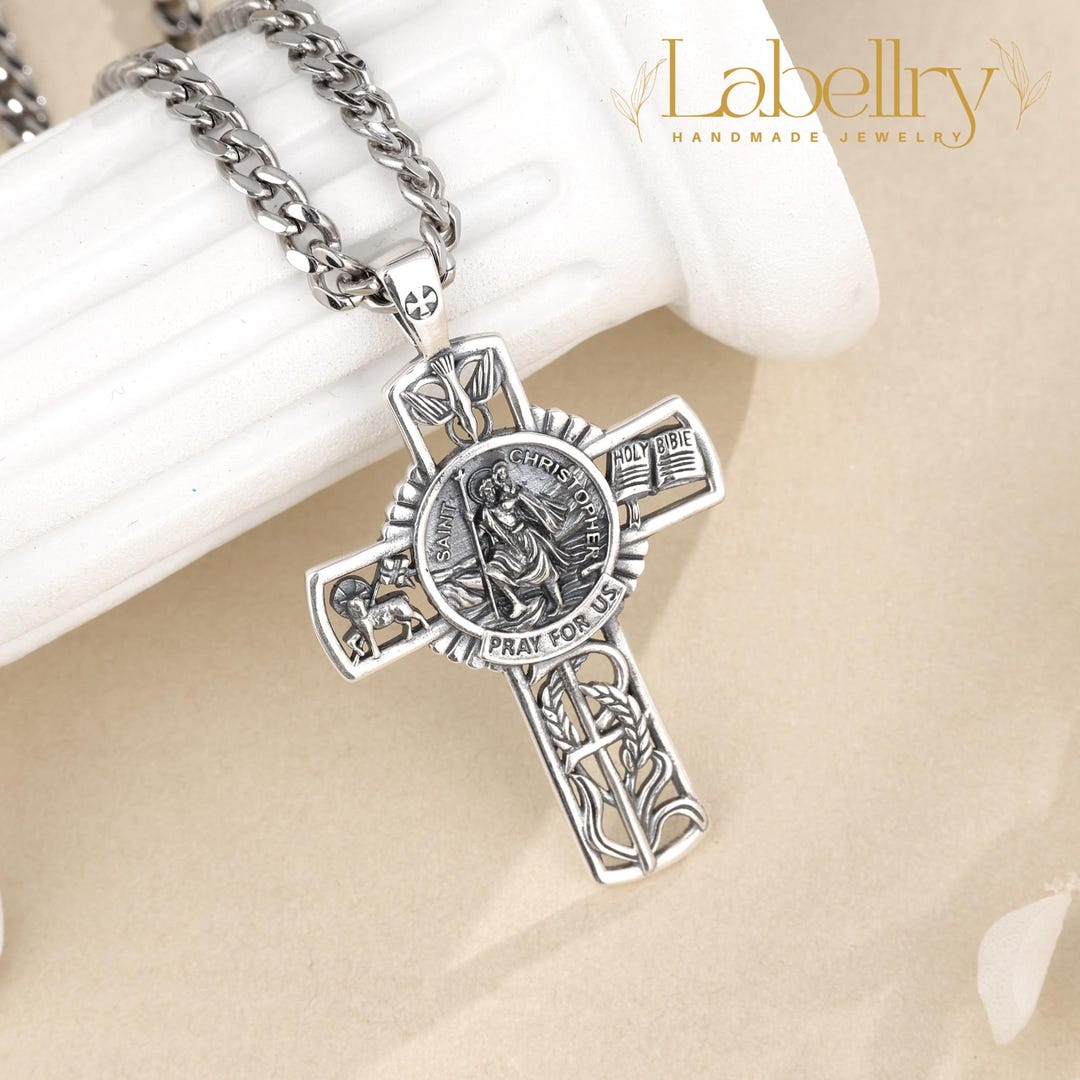 Sterling Silver St Christopher Cross Necklace Pendant, Handmade Saint ...