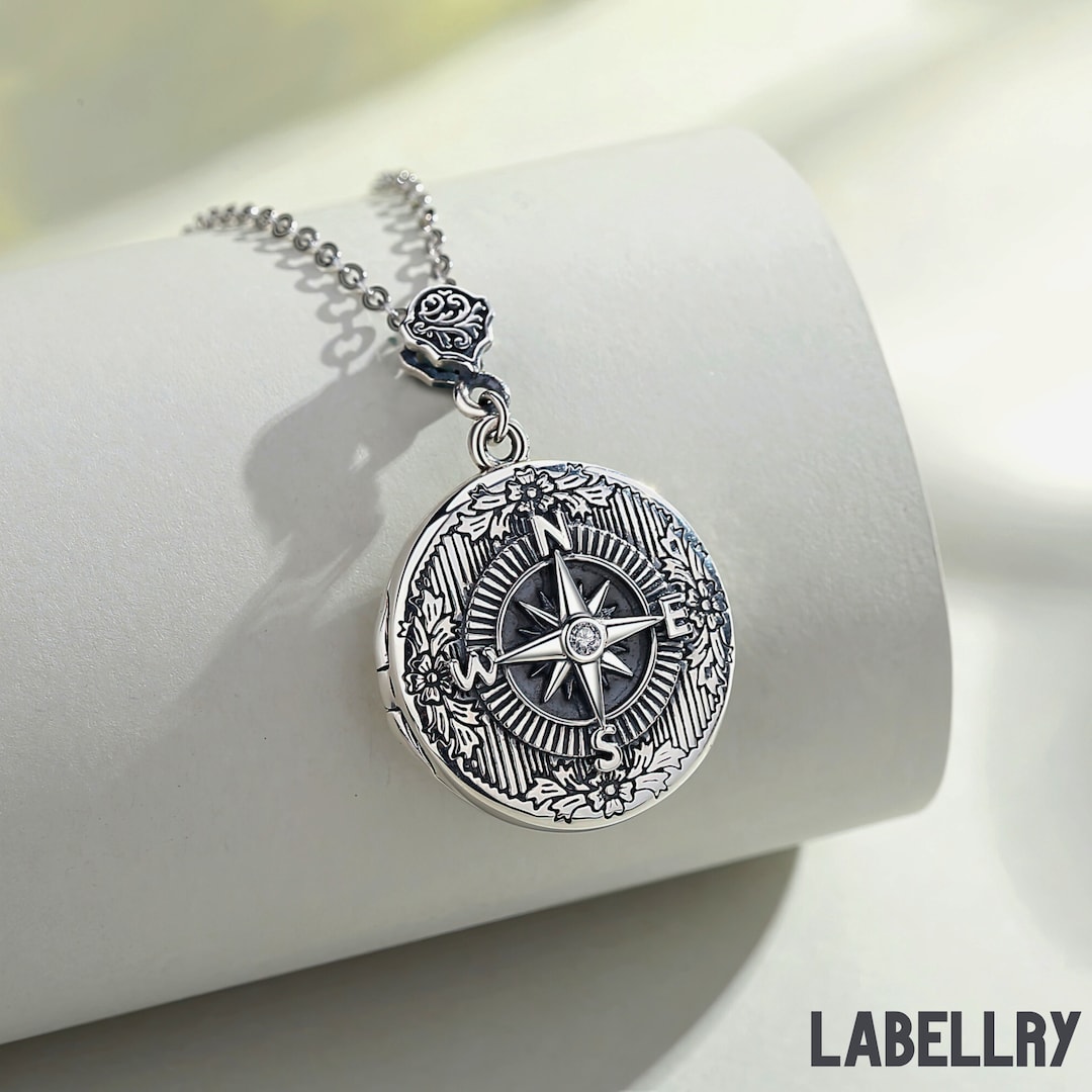 Sterling Silver Compass Locket Necklace, Photo Locket Necklace, Antique ...