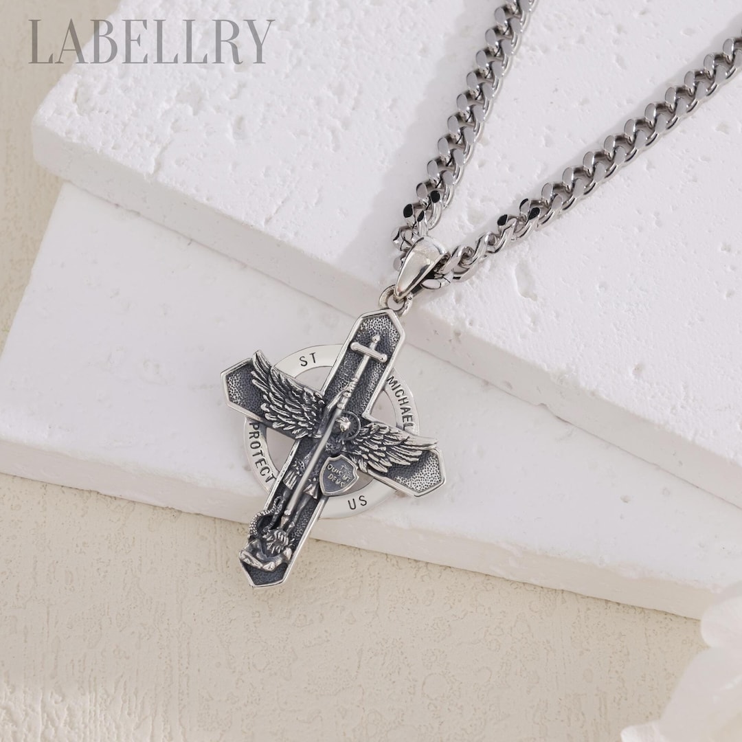 Archangel Michael Silver Cross Pendant, Guardian Angel Saint Michael ...