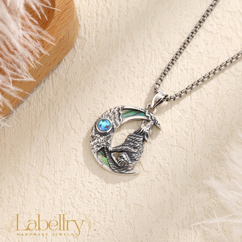 Sterling Silver Wolf Moon Necklace, Norse Mythology Viking Howling Wolf ...