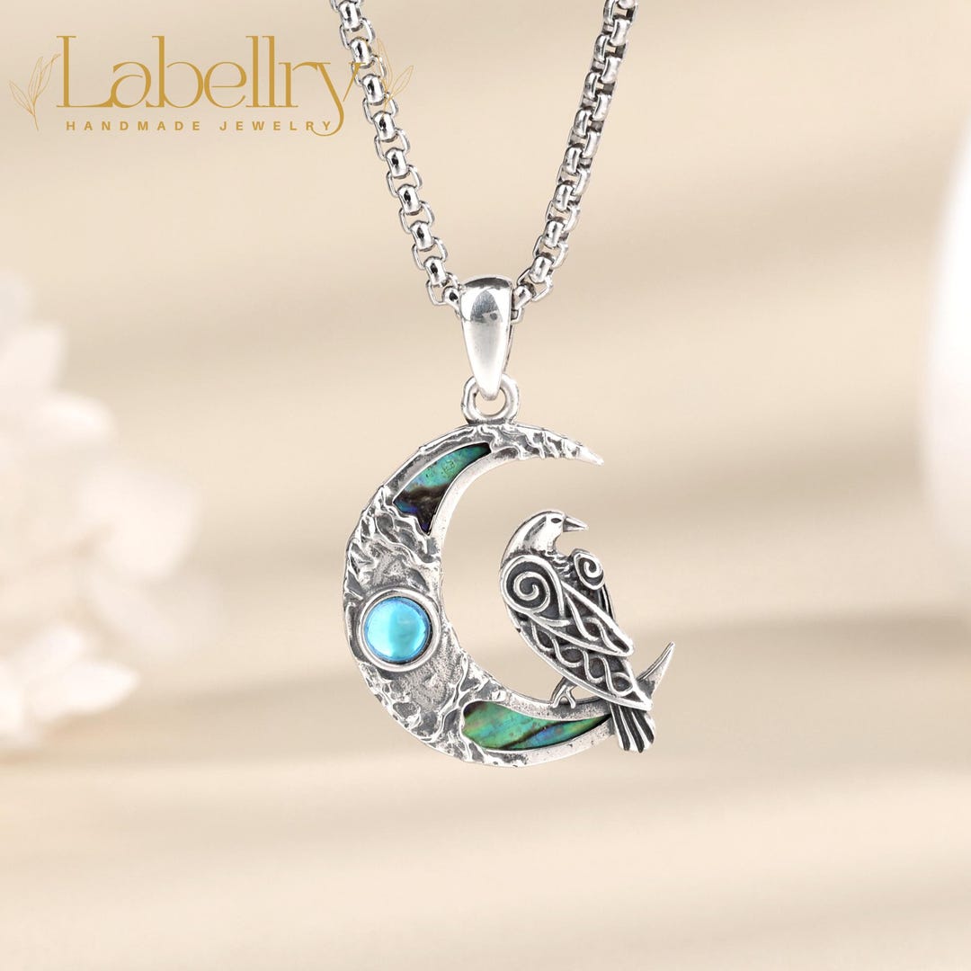 Sterling Silver Crescent Moon Raven Necklace, Abalone Shell and ...