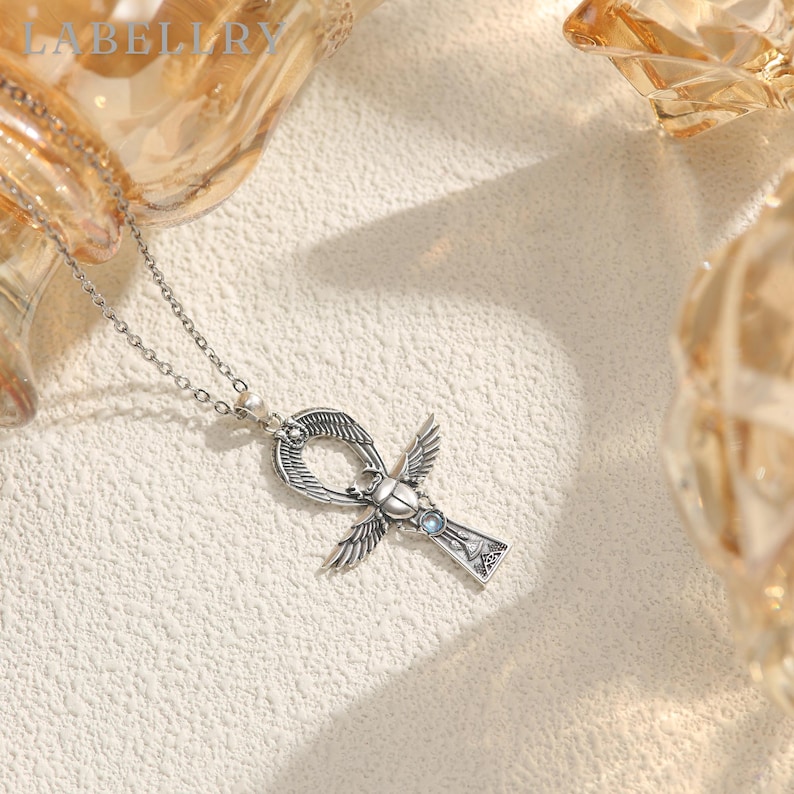 925 Sterling Silver Ankh Scarab Pendant Necklace With Moonstone ...
