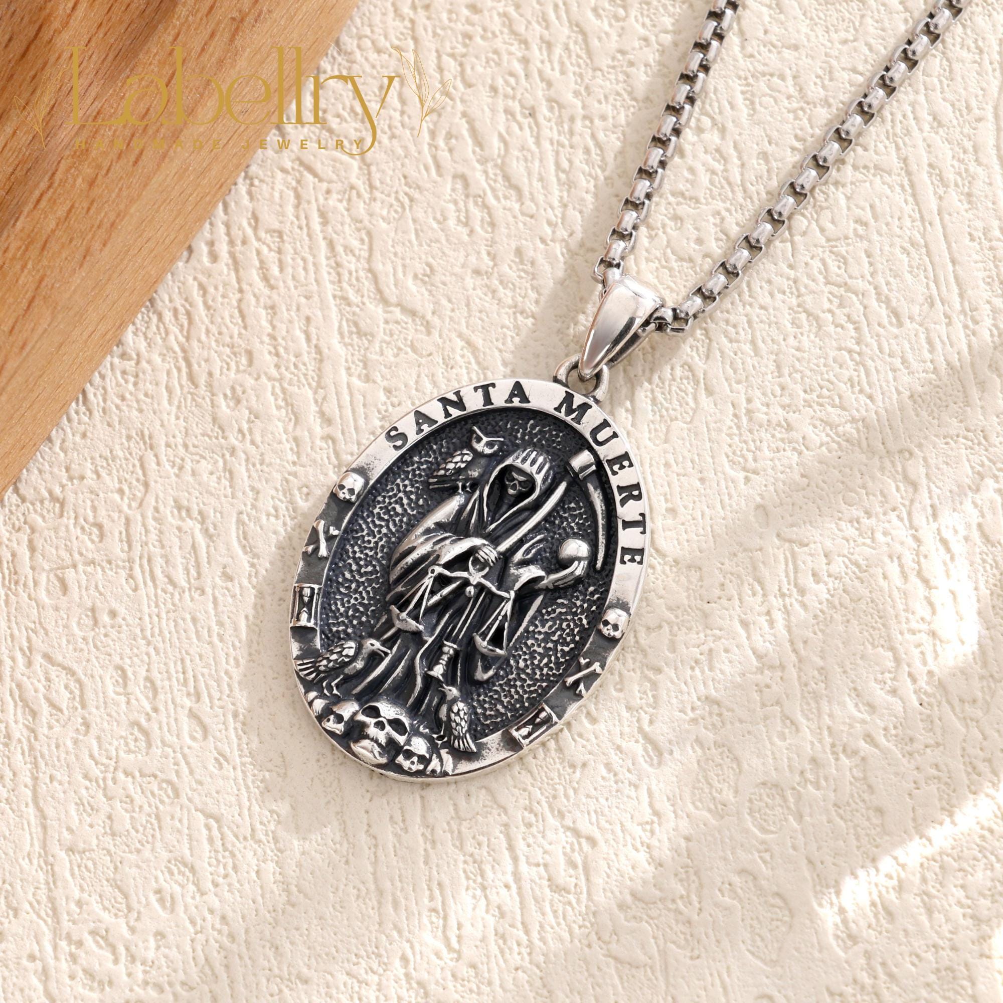 Santisima Muerte Necklace, Sterling Silver Grim Reaper Pendant, Holy ...