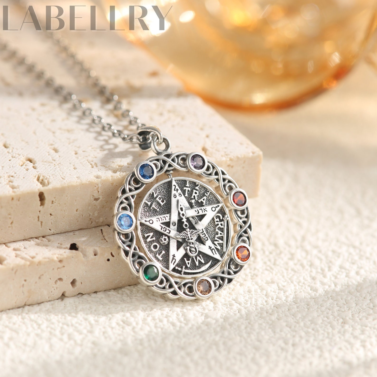 Tetragrammaton Pentagram Rotating Pendant, 925 Silver Pentacle Necklace ...