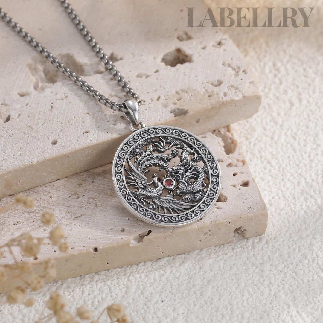 Sterling Silver Dragon and Phoenix Necklace, Yin Yang Symbol Mythology ...