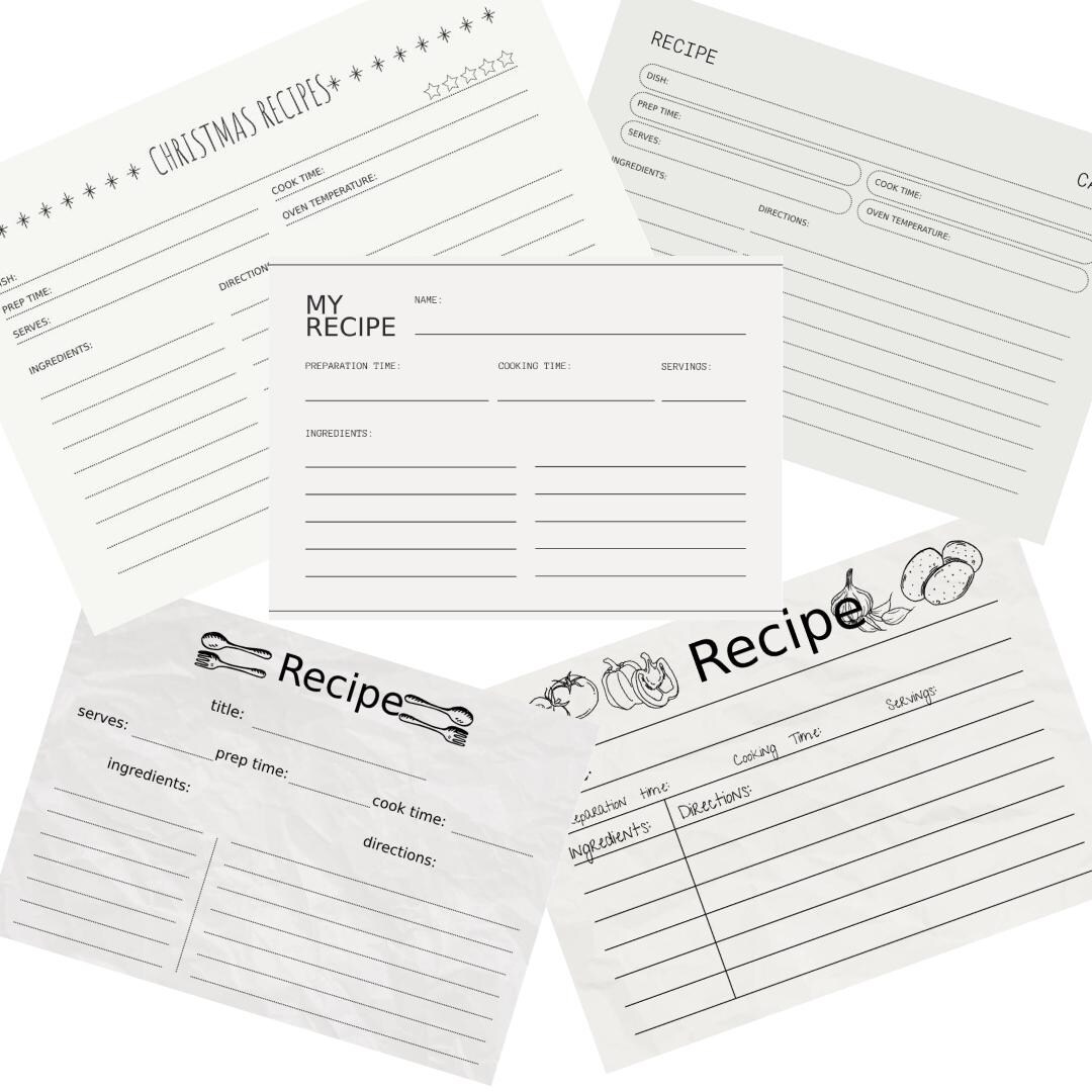 Set of 5 Long Recipe Card Template Printable Blank Recipe Page Home ...