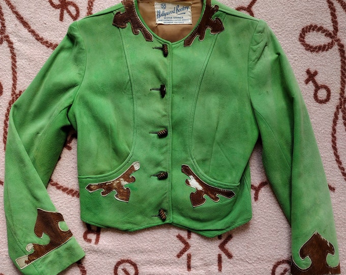 Vintage 1930s 1940s Cropped Jacket Western Cowgirl Green Suede Leather ...