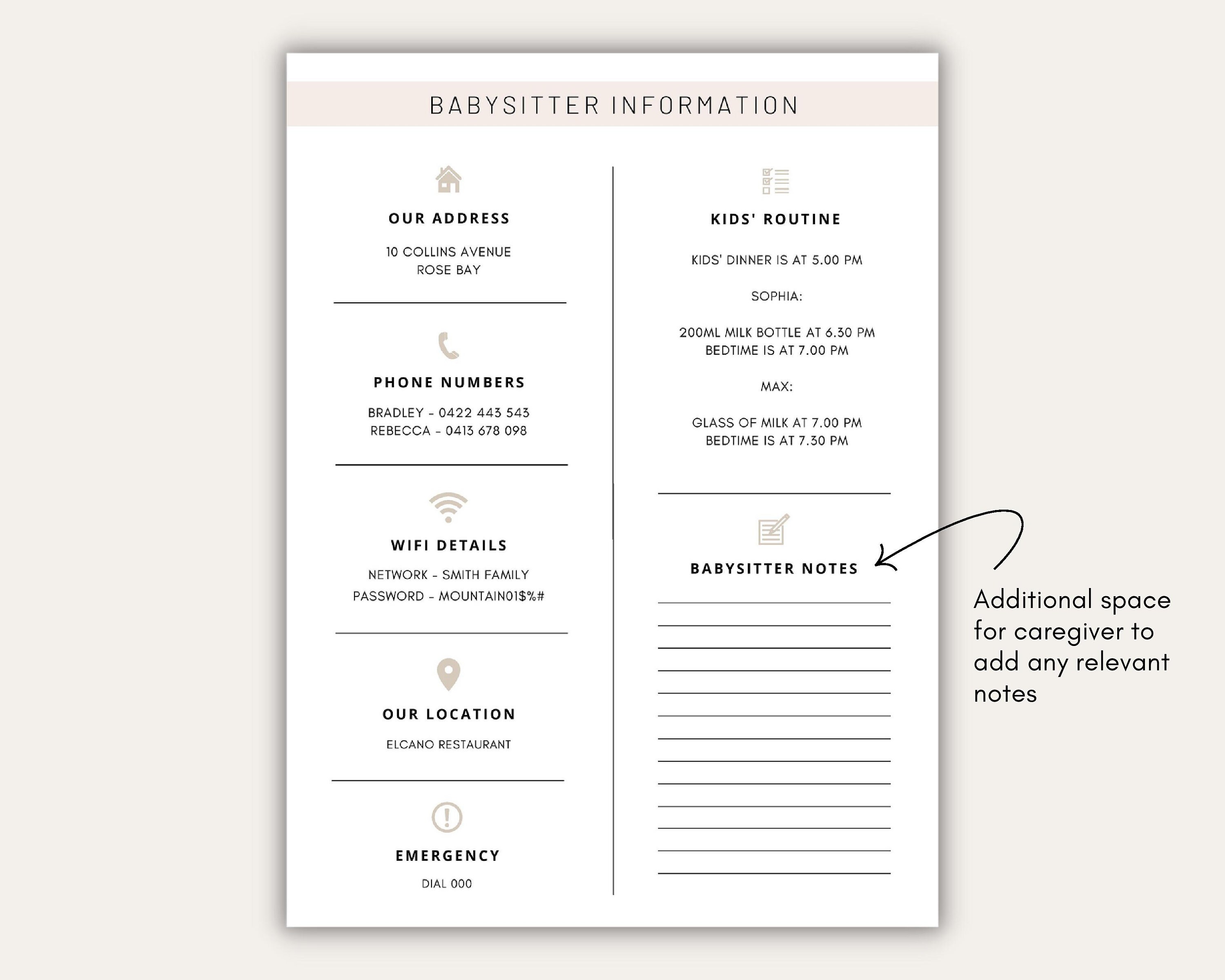 Babysitter Information Sheet Printable Nanny Schedule Child Care ...