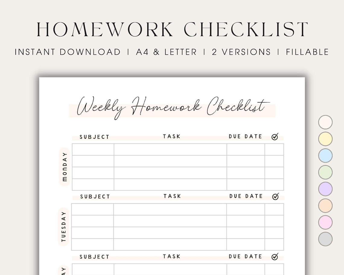 Homework Checklist Printable Student Planner for Students Planner ...