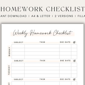 Homework Checklist Printable Student Planner for Students Planner ...