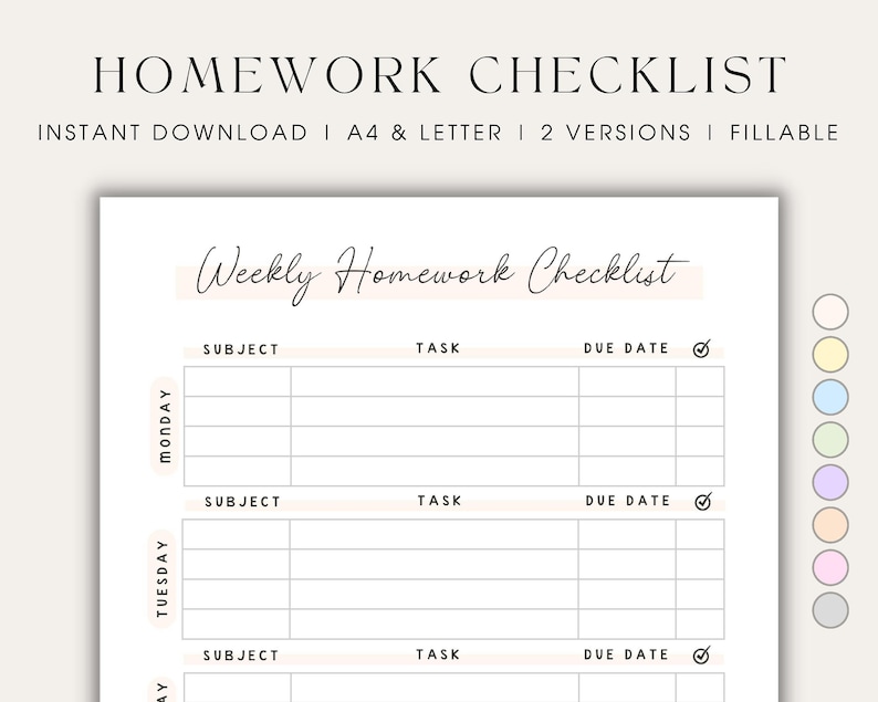 Homework Checklist Printable Student Planner for Students Planner ...