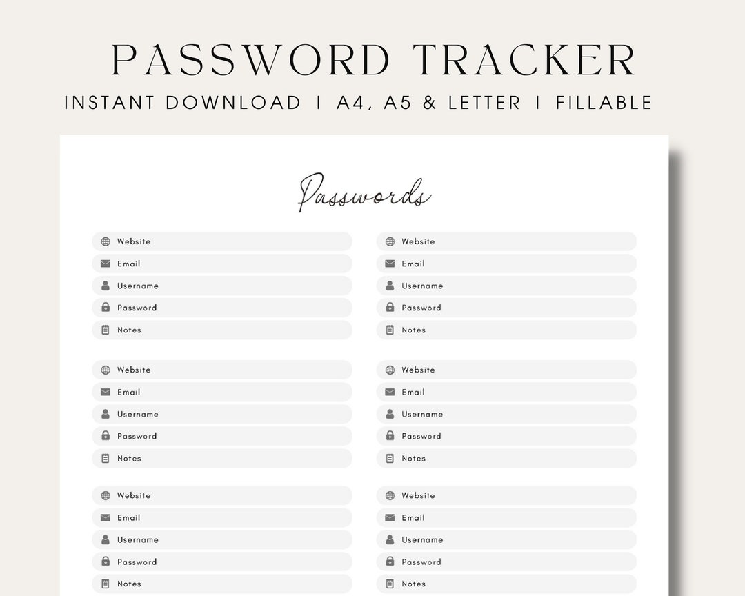 Password Tracker Printable Password Organizer Password Keeper Fillable ...