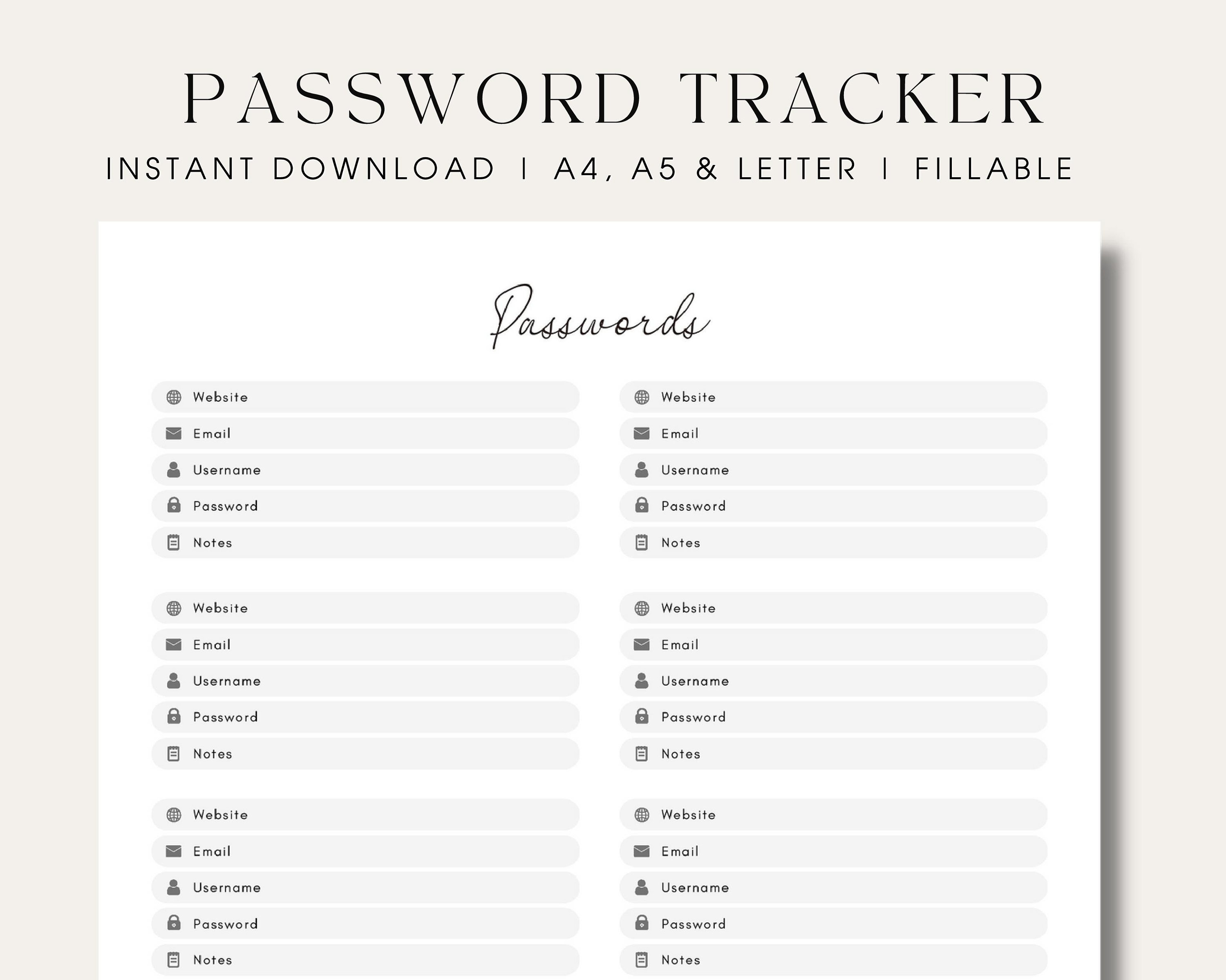 Password Tracker Printable Password Organizer Password Keeper Fillable ...