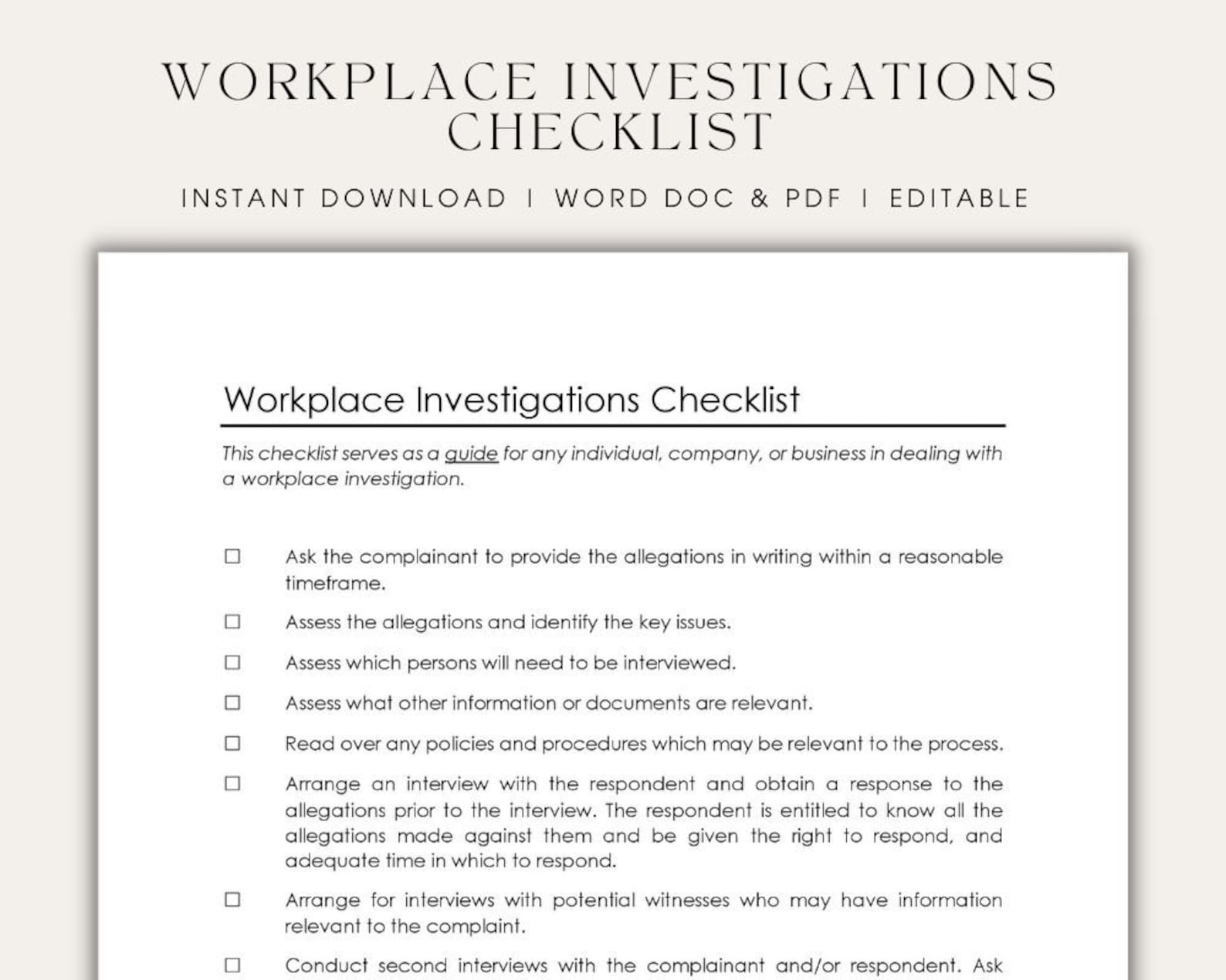 Workplace Investigation Checklist Workplace Complaint HR Investigation ...