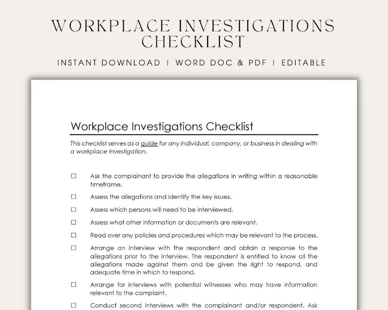 Workplace Investigation Checklist Workplace Complaint HR Investigation ...