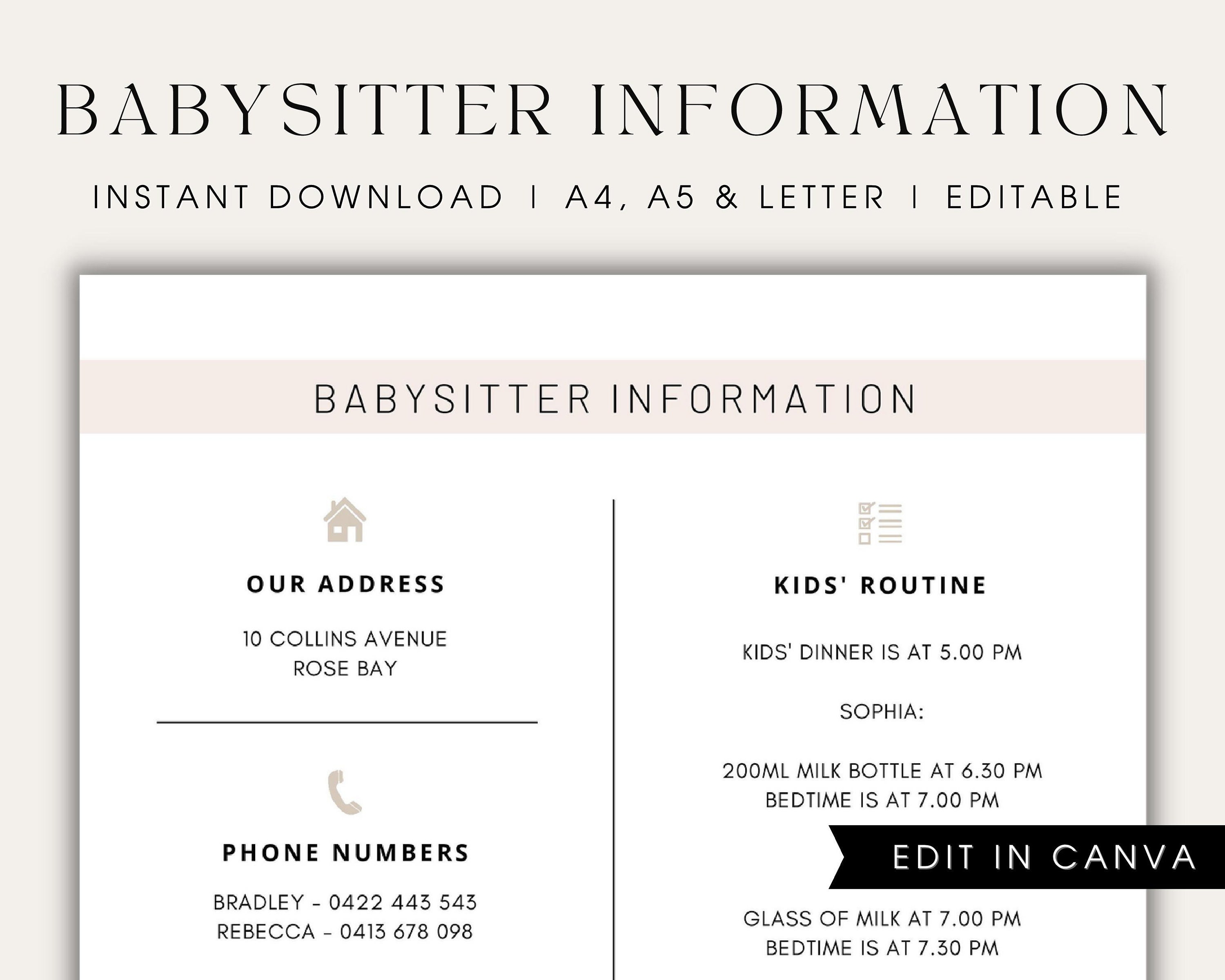 Babysitter Information Sheet Printable Nanny Schedule Child Care ...