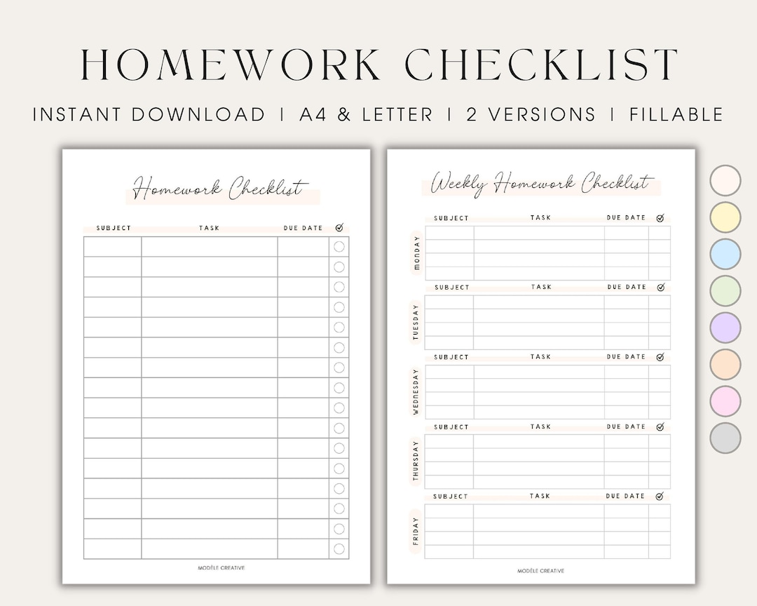 Minimalist Homework Checklist Fillable Homework Planner Printable ...