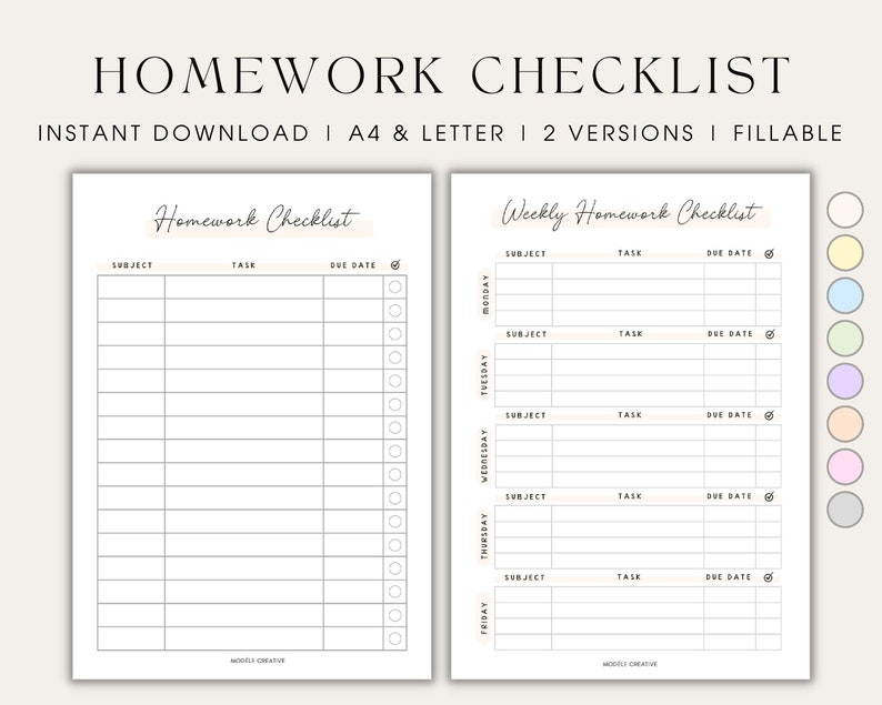 Minimalist Homework Checklist Fillable Homework Planner - Etsy