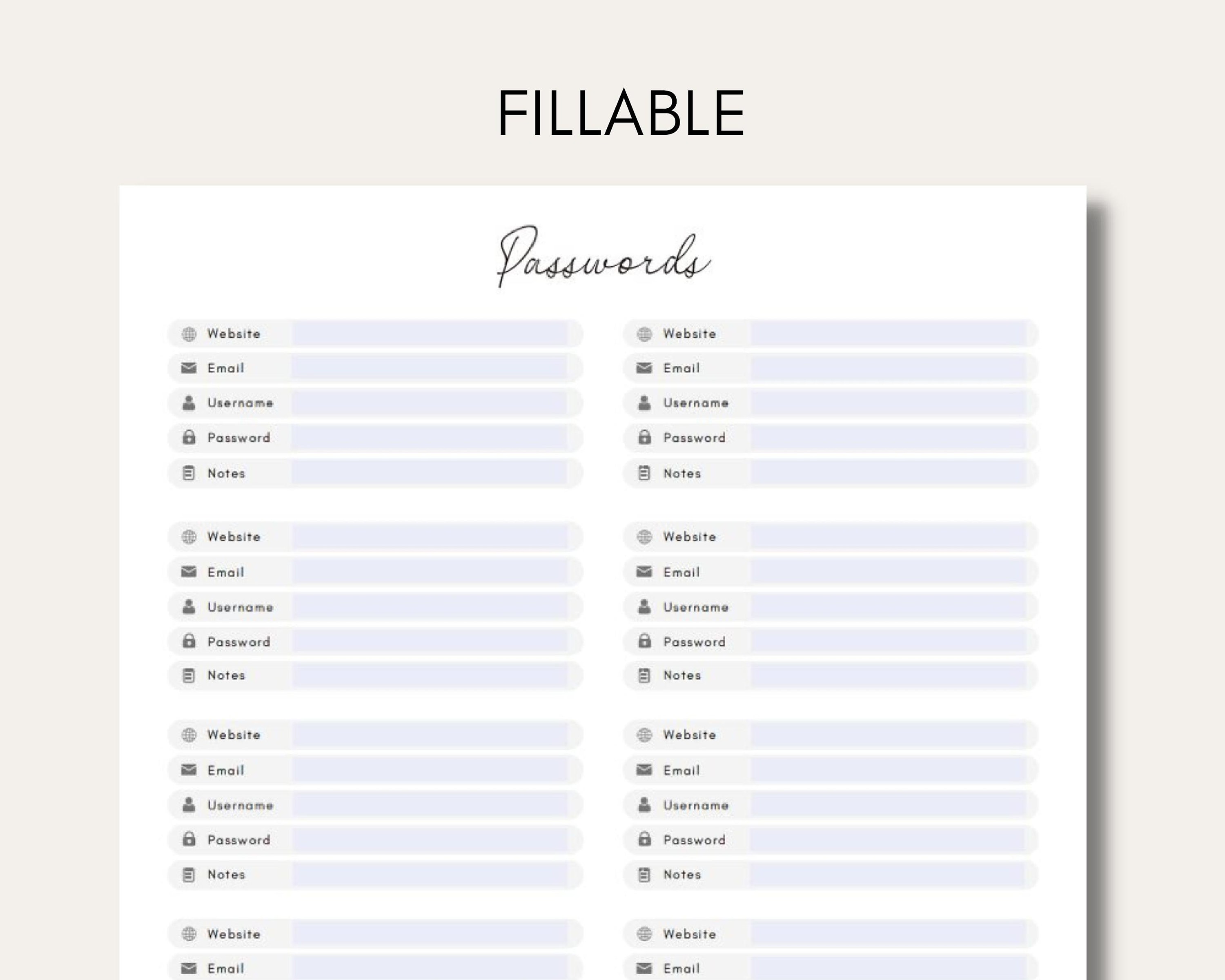 Password Tracker Printable Password Organizer Password Keeper Fillable ...