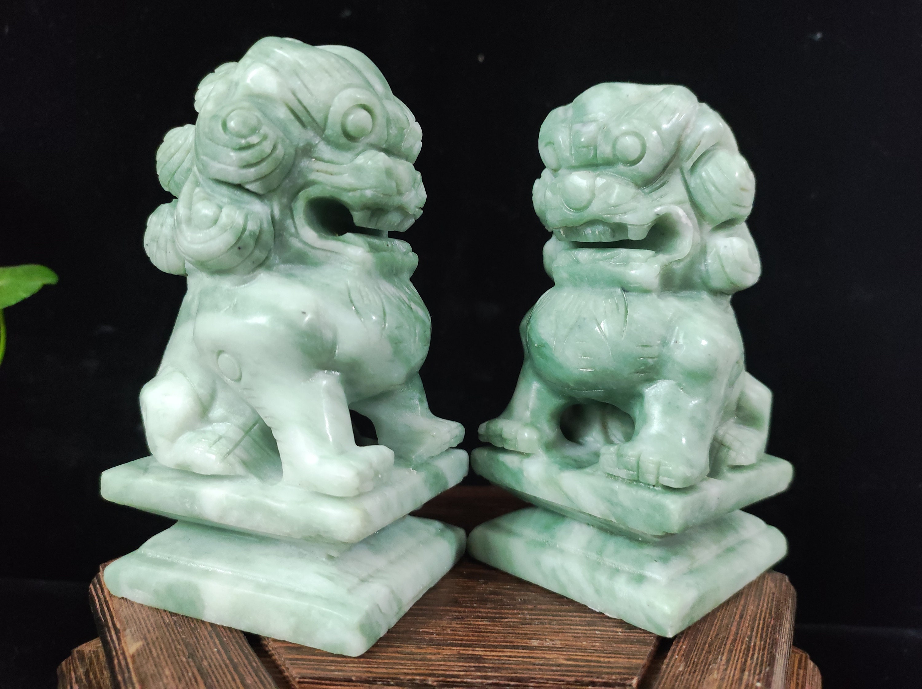 Pair of Fu Foo Dogs Beijing Lions Natural Blue Stone Healing Guardian ...