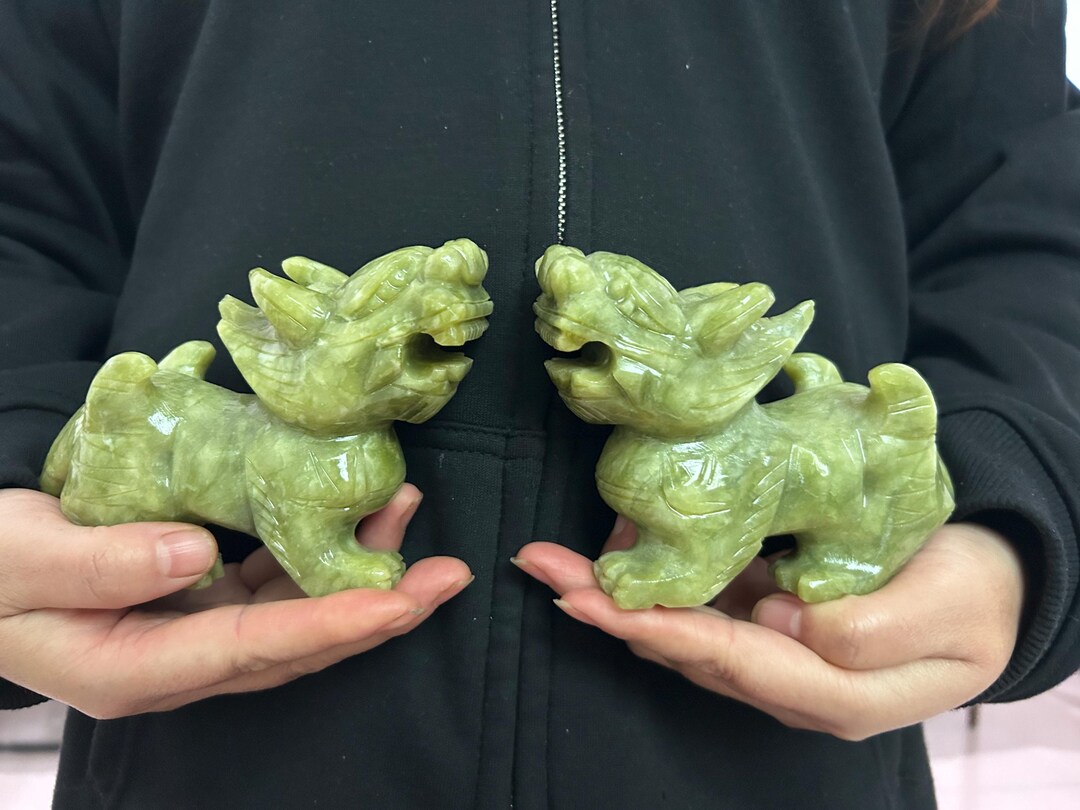 A Pair Natural Green Jade Pixiu Winged Statue, Chinese Feng Shui Lucky ...