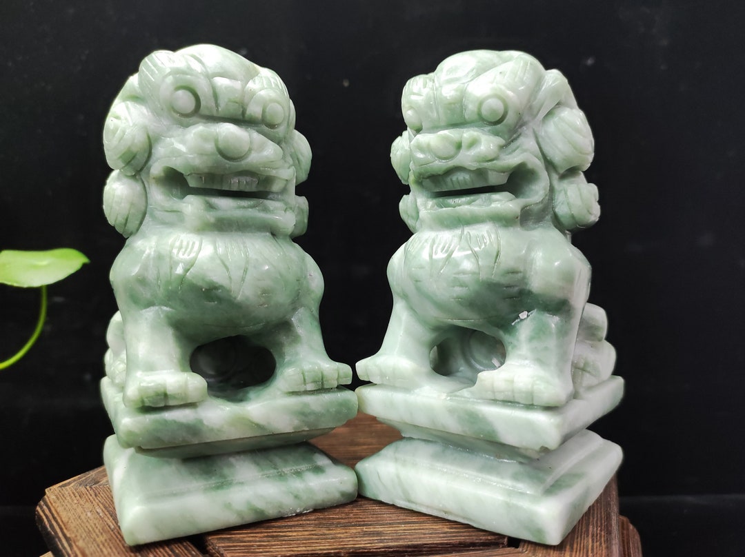 Pair of Fu Foo Dogs Beijing Lions Natural Blue Stone Healing Guardian ...