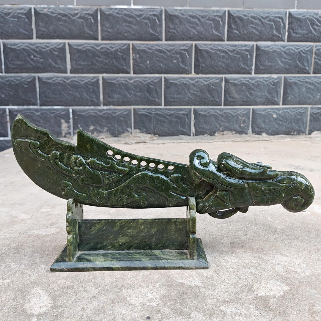 Natural Green Jade Hand Carved Dragon Sword Statue, Stone Knife ...