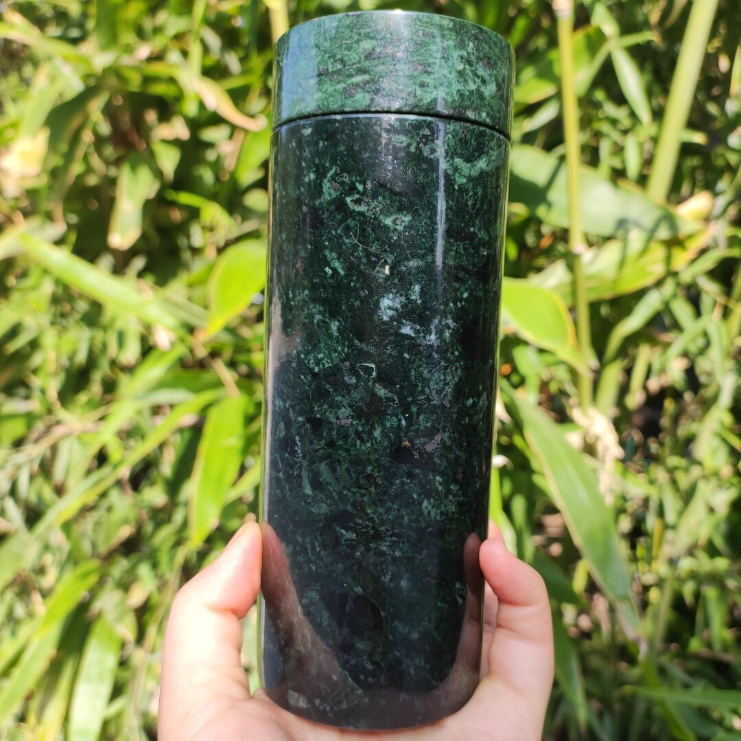 Natural Serpentine Green Jade Cup Bottle With Lid Make by a Whole Piece ...