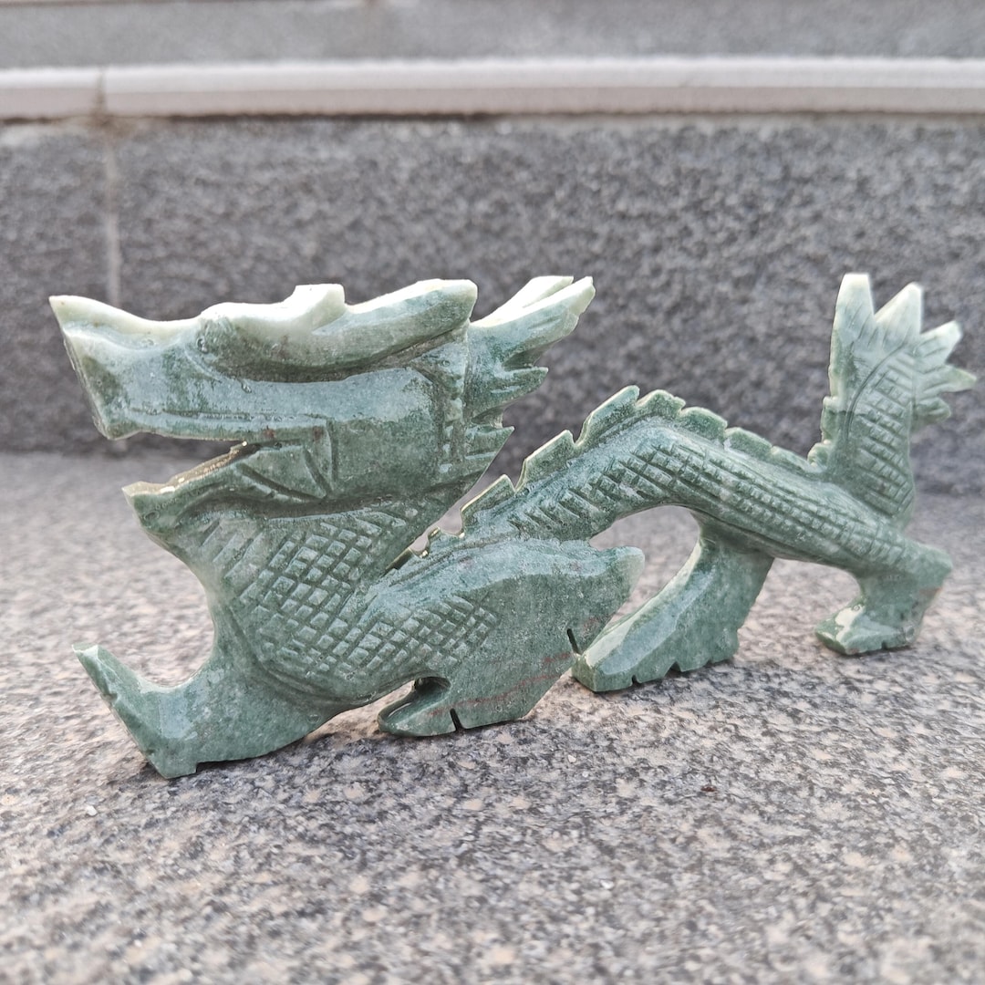 7.08inch Long Natural Green Jade Dragon Statue Chinese Feng Shui Lucky ...