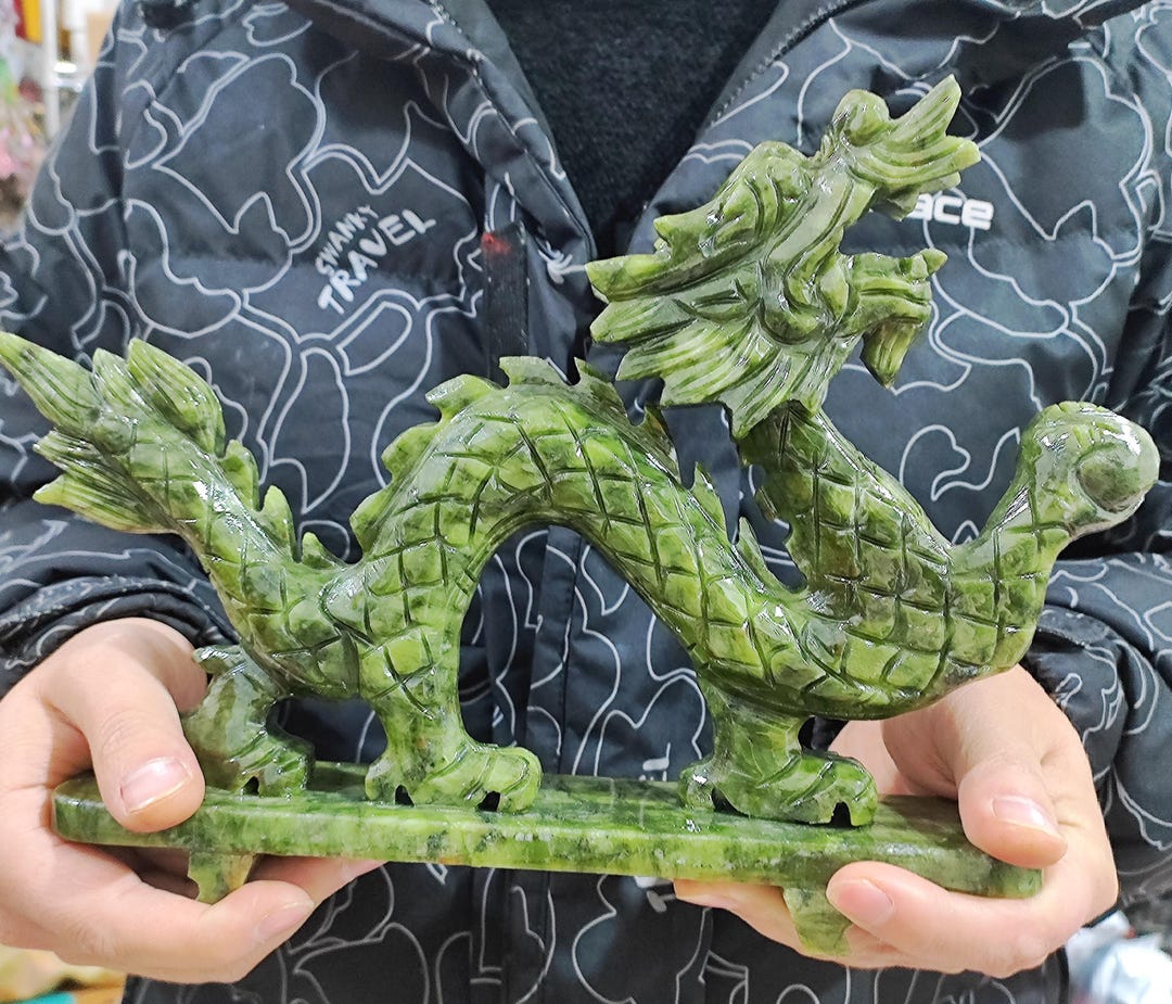 Natural Green Jade Dragon Statue, Stone Hand-carved Eastern Dragon ...